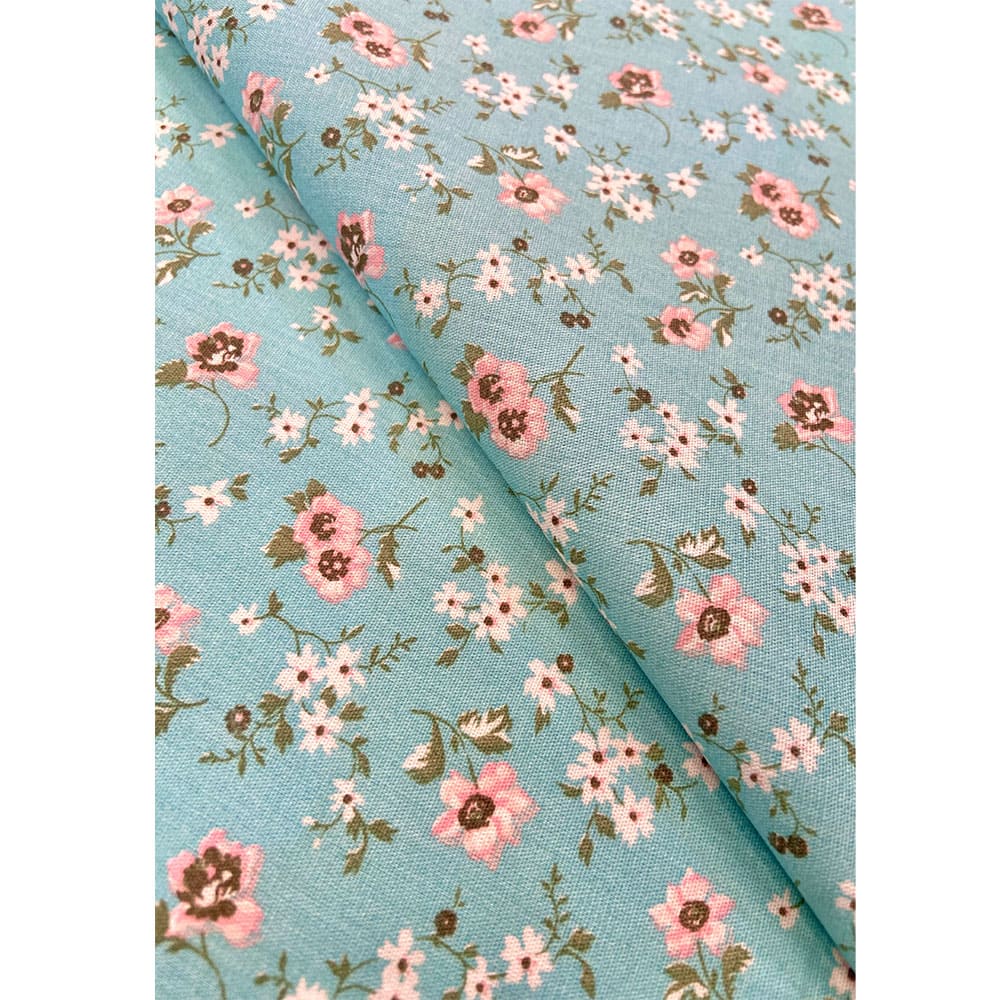 Tecido Tricoline Estampado Floral Rosa e fundo Azul Turquesa - 1,50m de ...