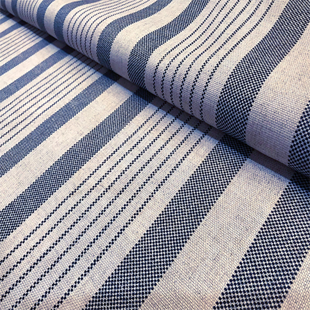 Tecido Linho Estampado Listrado Azul | Enrolado Tecidos - Enrolado Tecidos